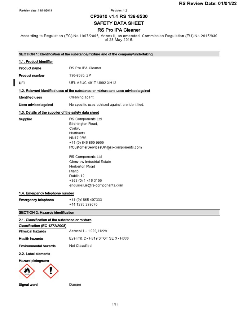 Pro -IPA - Isopropanol Cleaner Aerosol SDS | PDF | Personal Protective ...