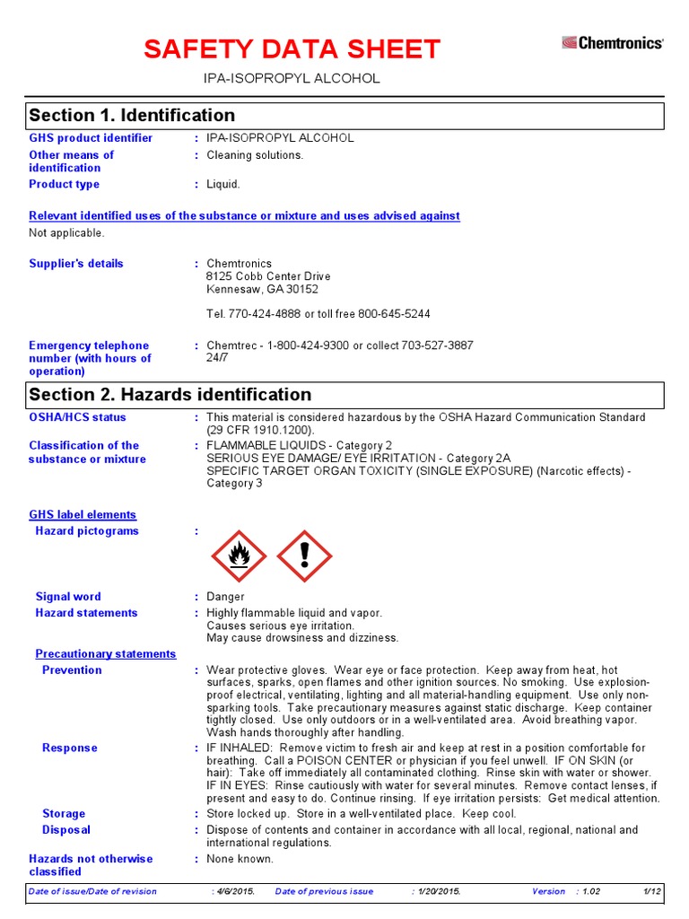 Isopropyl Alcohol Safety Data Sheet | PDF | Chemistry | Safety