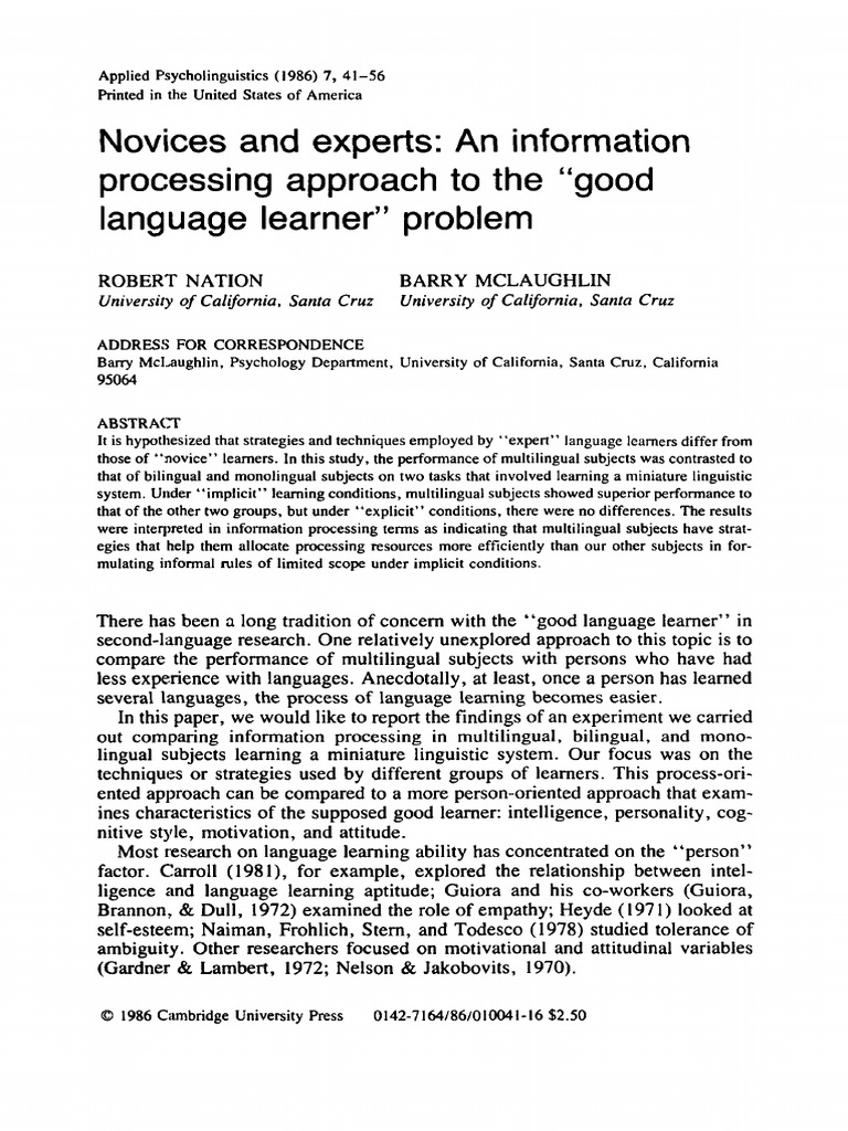 Novices and Experts. An Information Processing Approach To The "Good ...