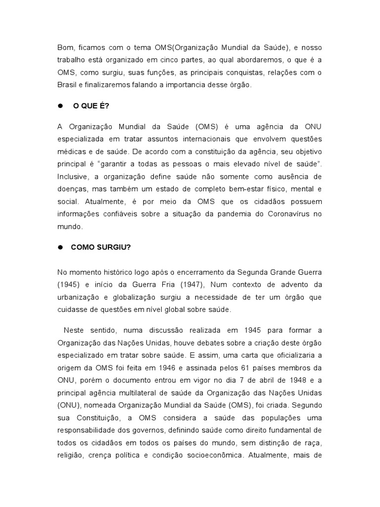 Oms 1 | PDF | Organização Mundial da Saúde | Nações Unidas