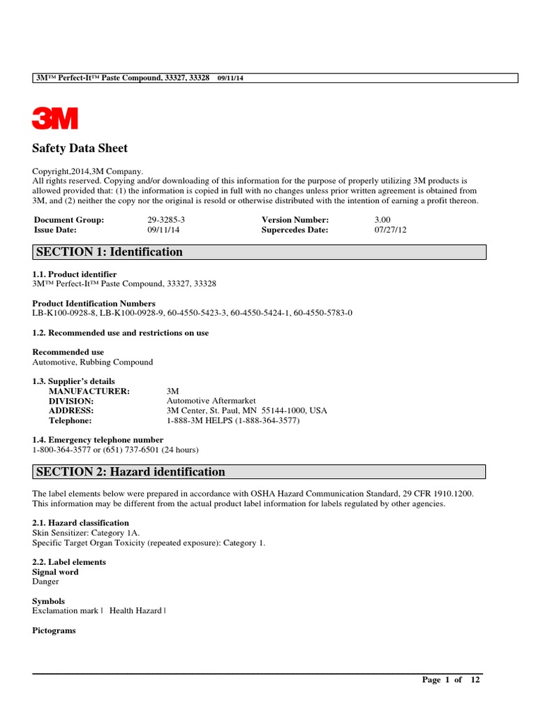 MSDS 3M Perfect It Paste Compound 33327 | PDF | Toxicity | Volatile ...
