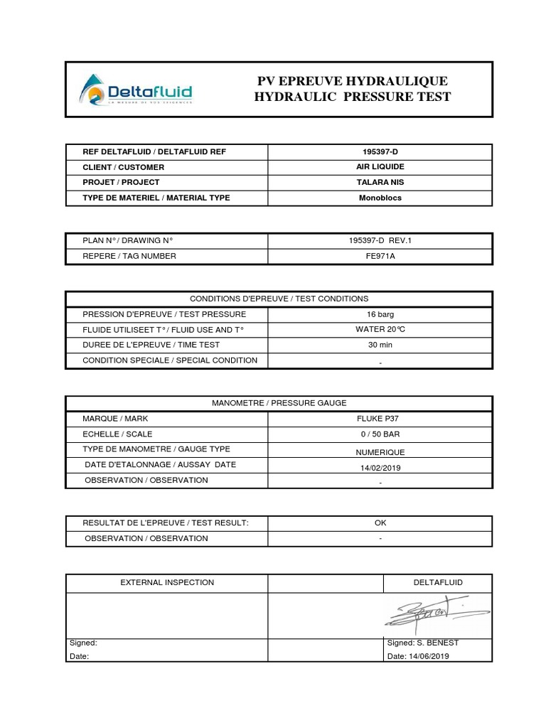 Hydraulic Pressure Test Report | PDF