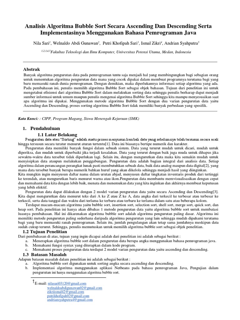 Analisis Algoritma Bubble Sort Secara Ascending Dan Descending Serta Implementasinya Menggunakan ...