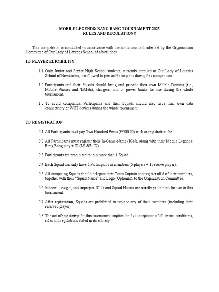 Mobile Legends Tournament 2023 Rules | PDF | Sports & Recreation