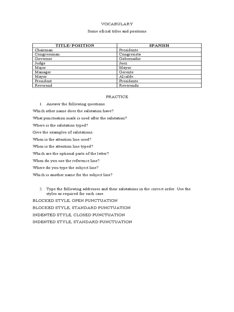 Vocabulary Some Official Titles and Positions | PDF