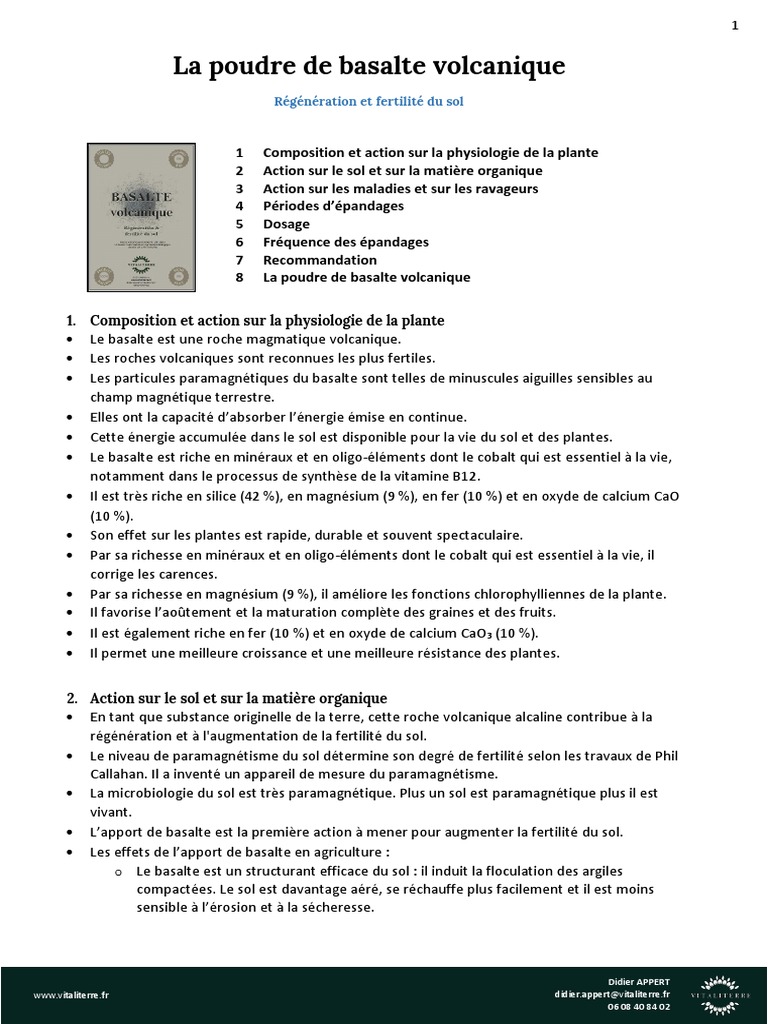 Le Basalte Volcanique - Fiche Technique - Vitaliterre | PDF | Sol (pédologie) | Fumier