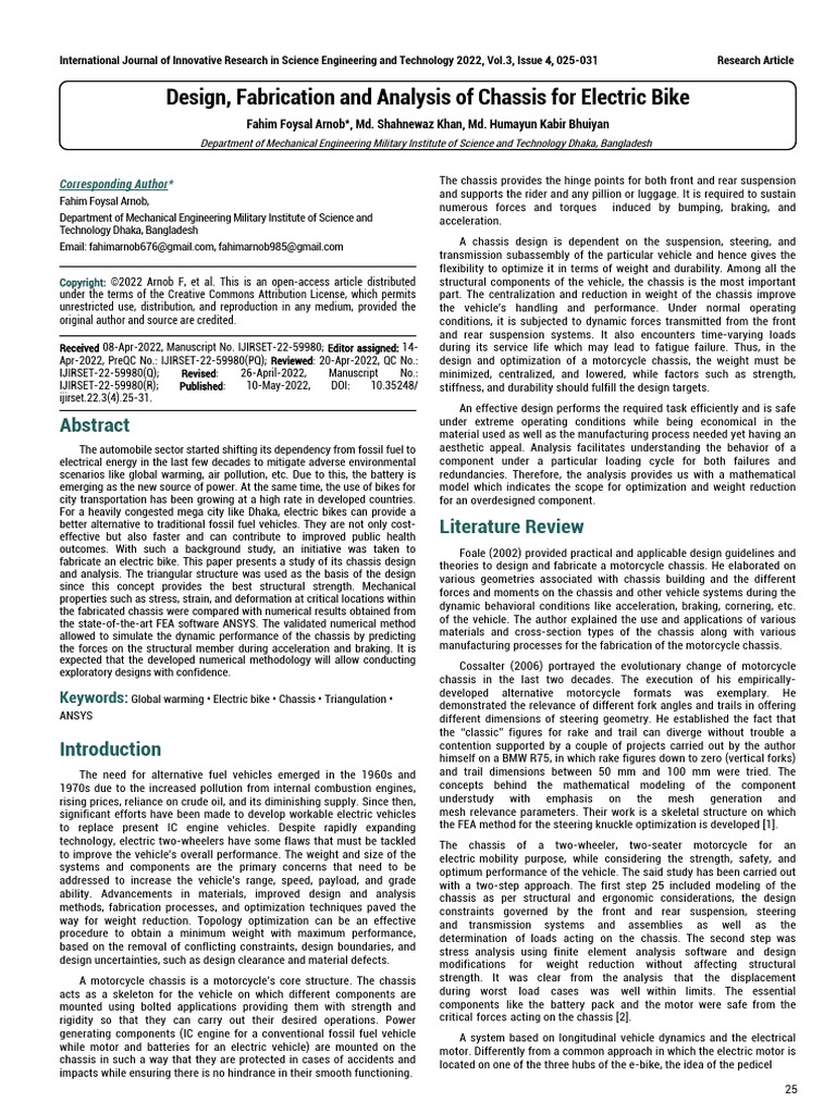 Design Fabrication and Analysis of Chassis For Electric Bike | PDF
