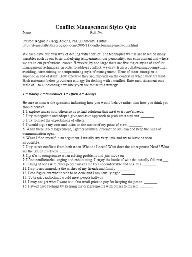 Conflict Management Styles Quiz | PDF