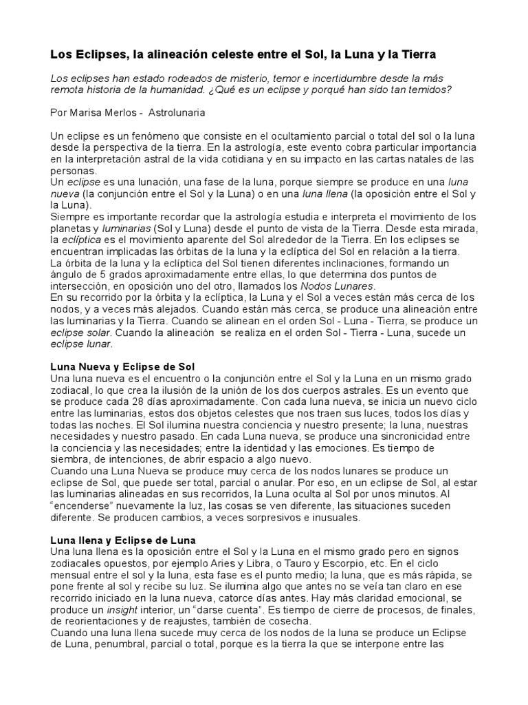 Los Eclipses, La Alineación Celeste Entre El Sol, La Luna y La Tierra Marisa Merlos | PDF | Luna ...