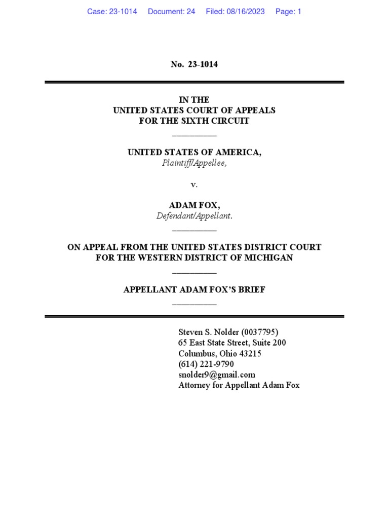USA Vs Fox - Adam Fox's Brief For 6th Circuit Court of Appeals | PDF