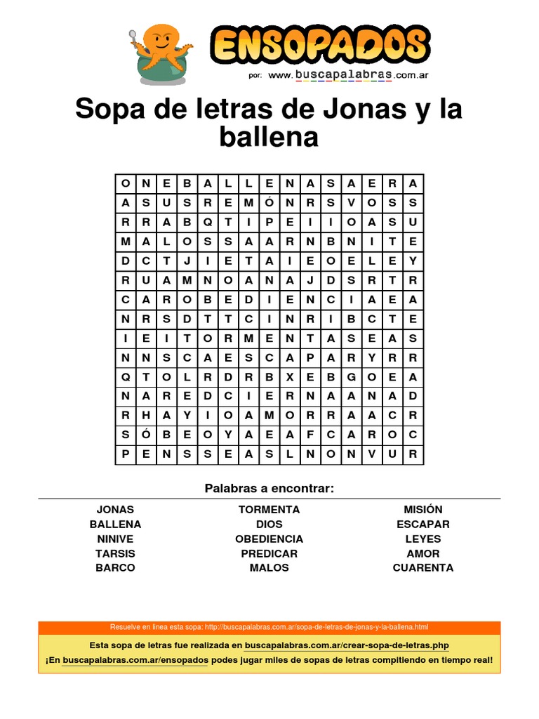 Sopa de letras: Jonas y la ballena | PDF