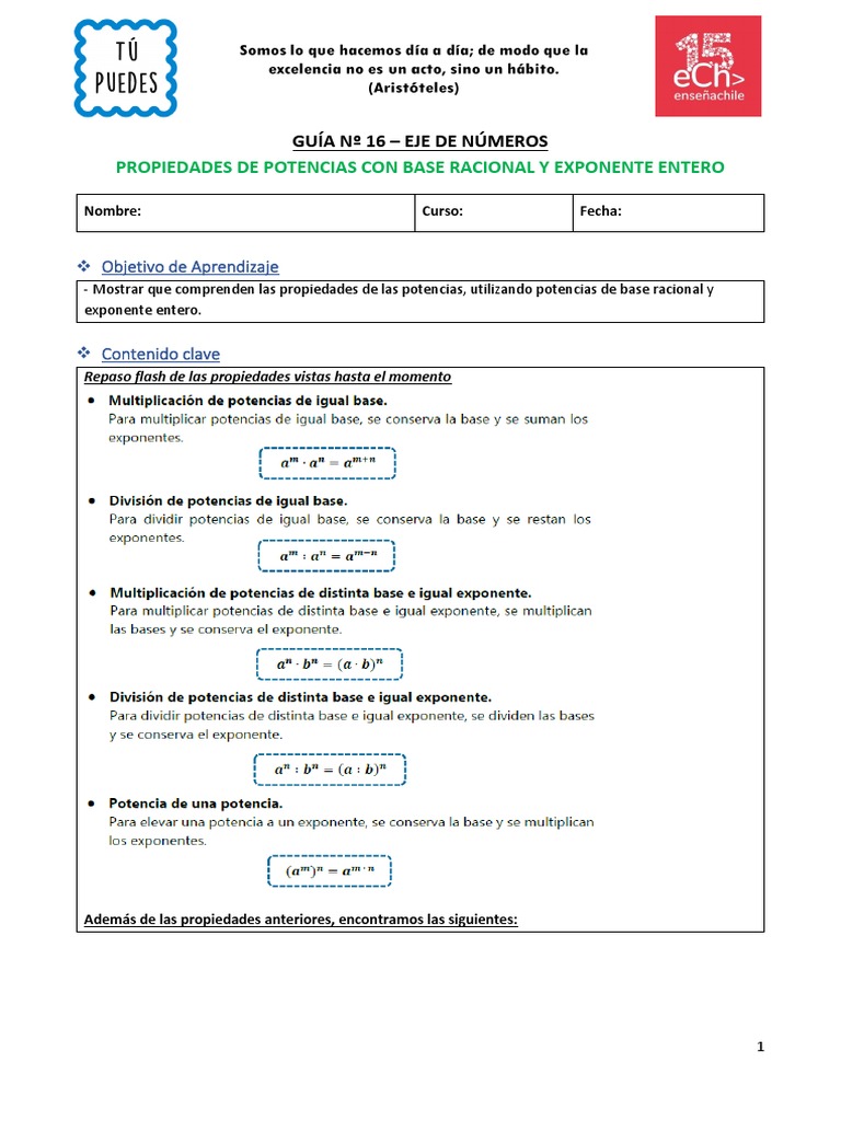 Guia N°16 Propiedades-De-Potencias-Con-Base-Racional | PDF