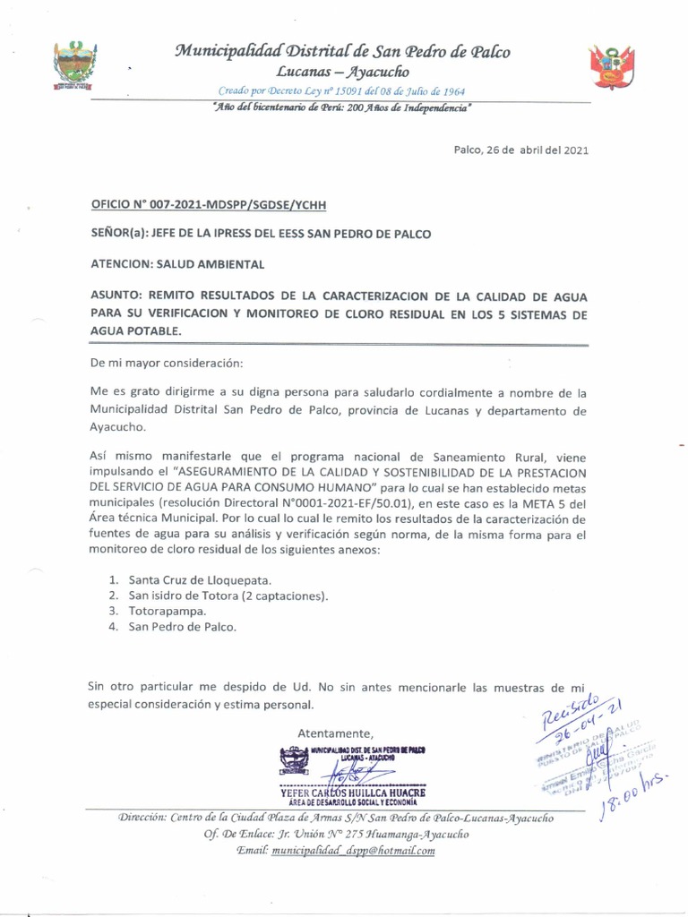 Oficio Salud San Pedro de Palco | PDF