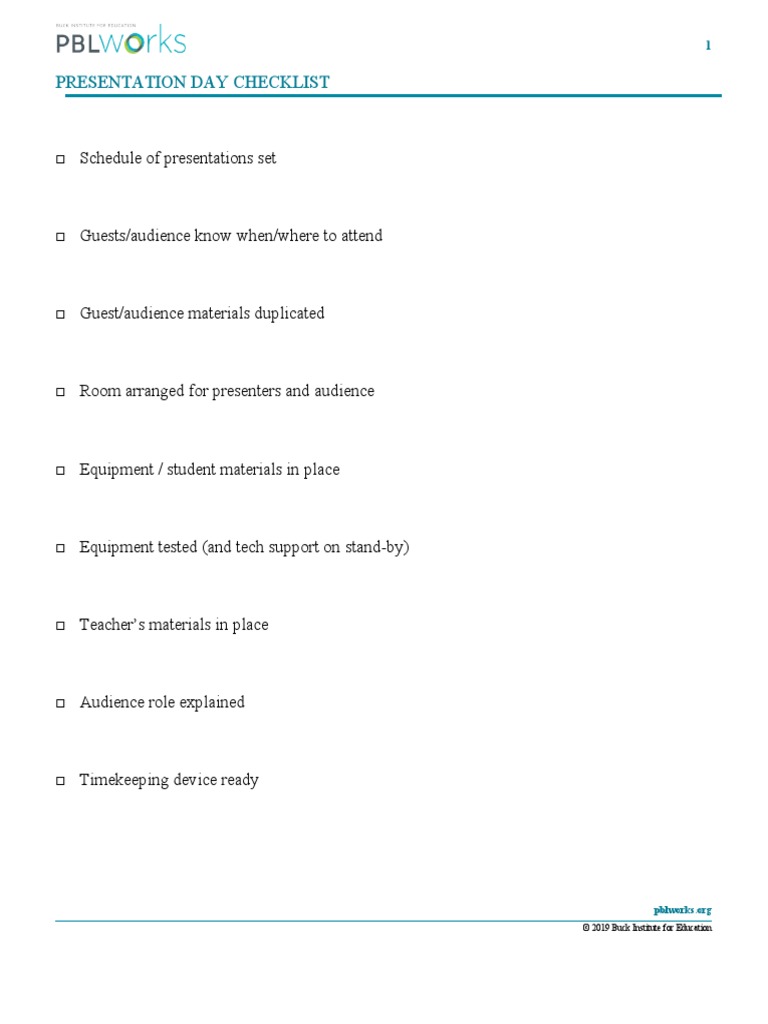 PBLworks Presentation Day Checklist | PDF