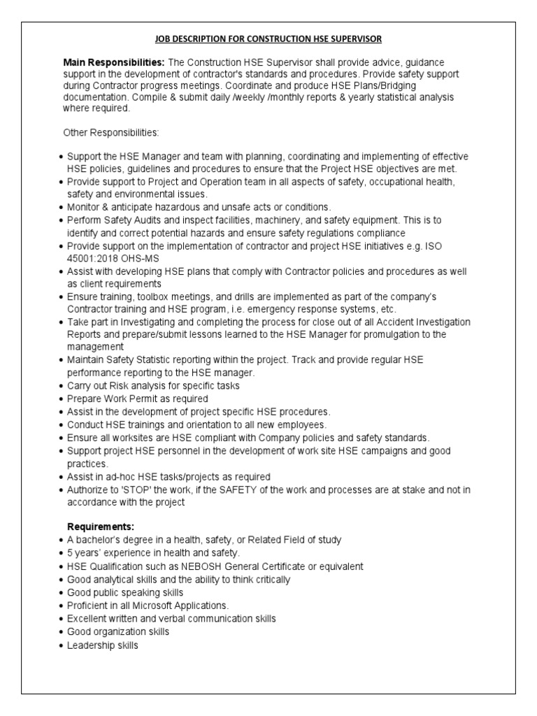 Job Description For Construction Hse Supervisor - HBP | PDF