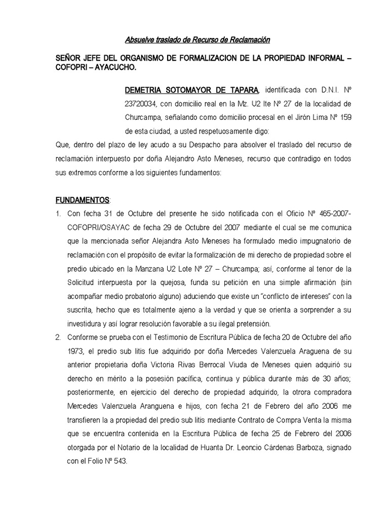 Absuelve Traslado de Recurso de Reclamación | PDF | Propiedad | Ley común