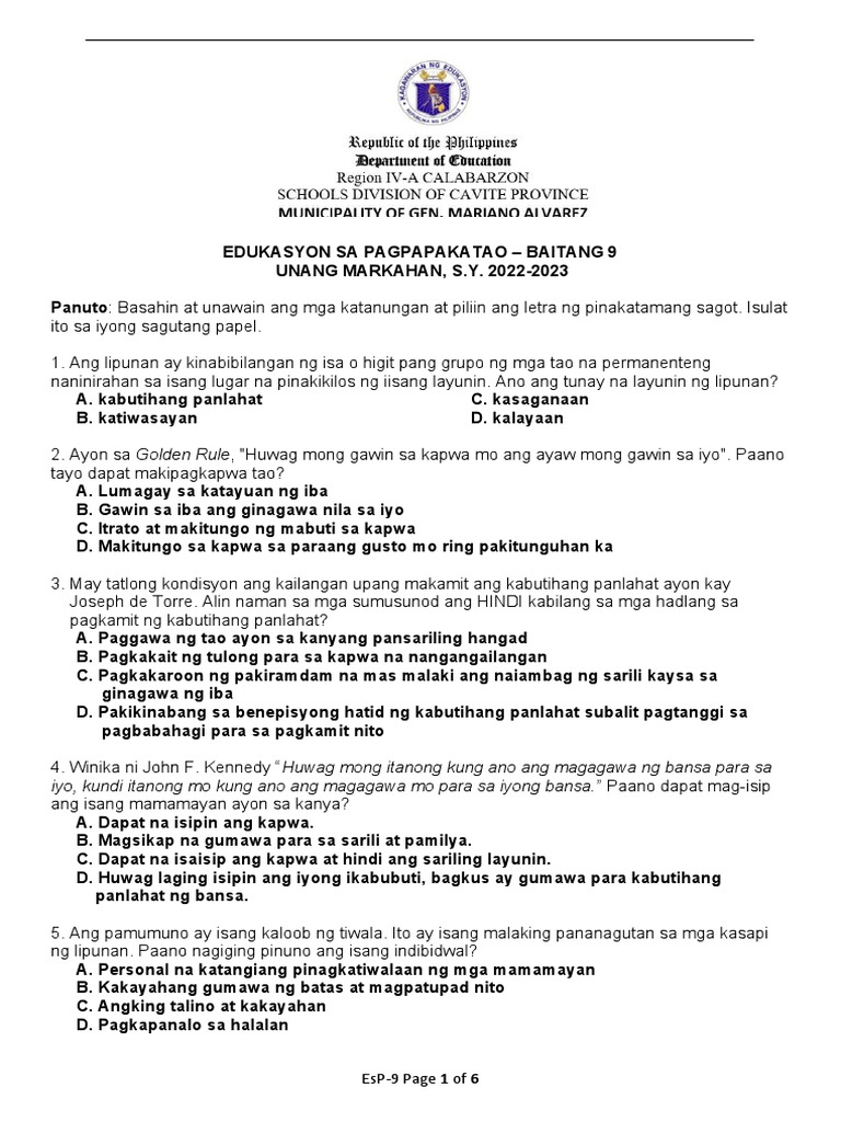 EsP-9 FIRST QUARTER EXAM with SOLO Framework | PDF