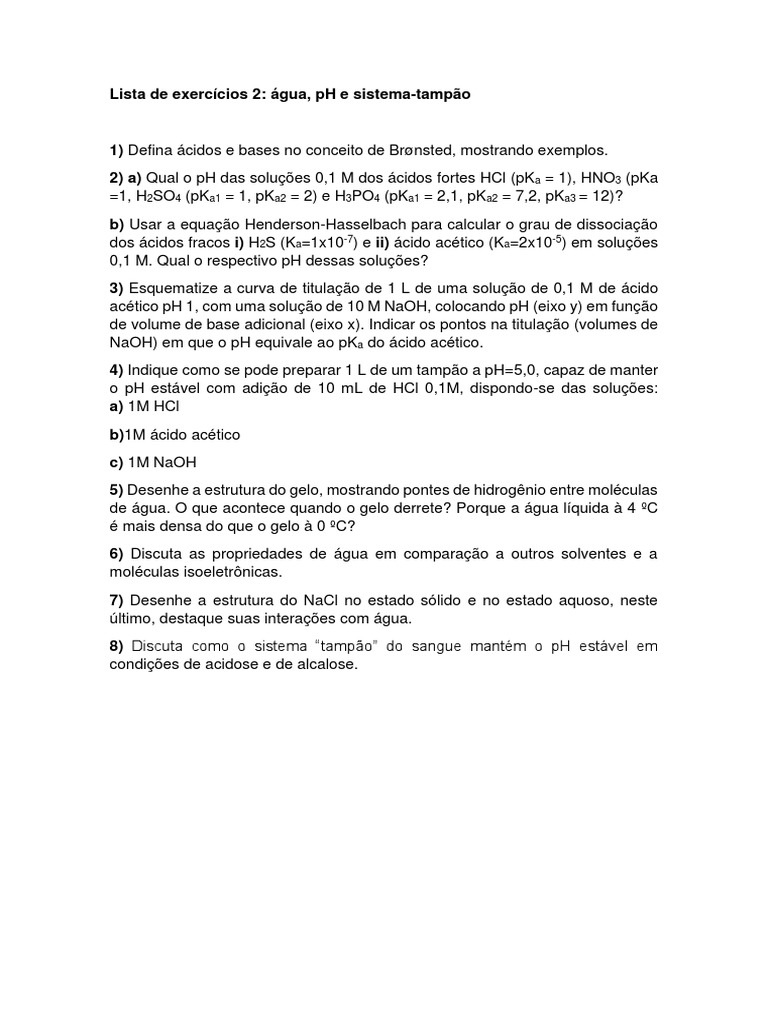 Lista de Exercícios - Aula+2,+agua,+pH+e+sistema+tampão | PDF