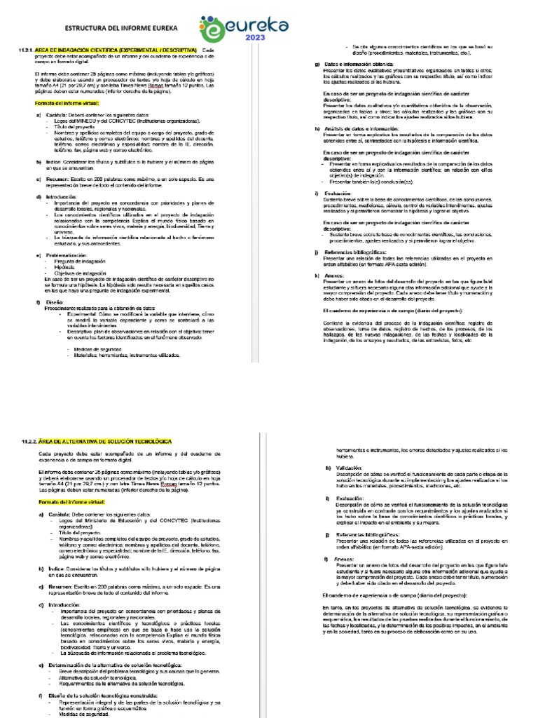 Estructura Del Informe Eureka 2023 | PDF