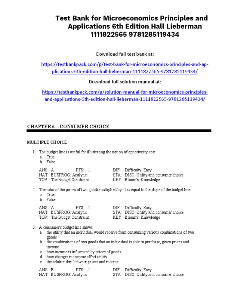 Microeconomics Principles And Applications 6th Edition Hall Test Bank Download Pdf