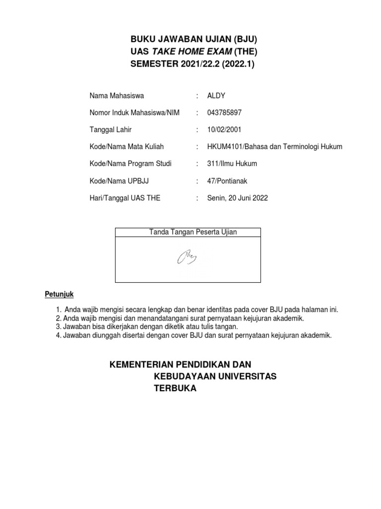 BUKU JAWABAN UJIAN HKUM4101 Bahasa Dan Terminologi Hukum | PDF