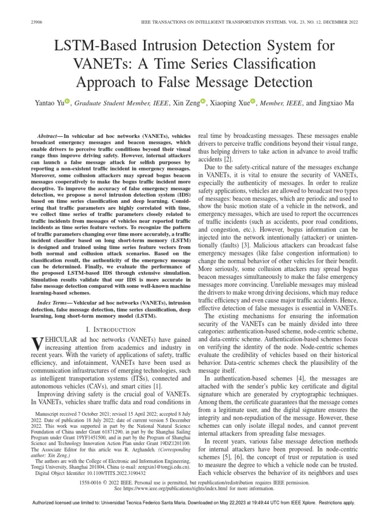 LSTM-Based Intrusion Detection System For VANETs A Time Series Classification Approach To False ...