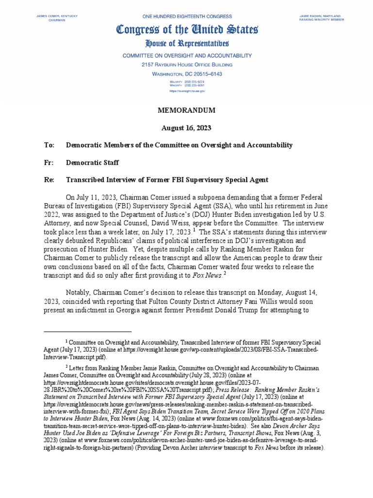 2023-08-16.democratic Member Memorandum Re FBI SSA Transcript | PDF ...