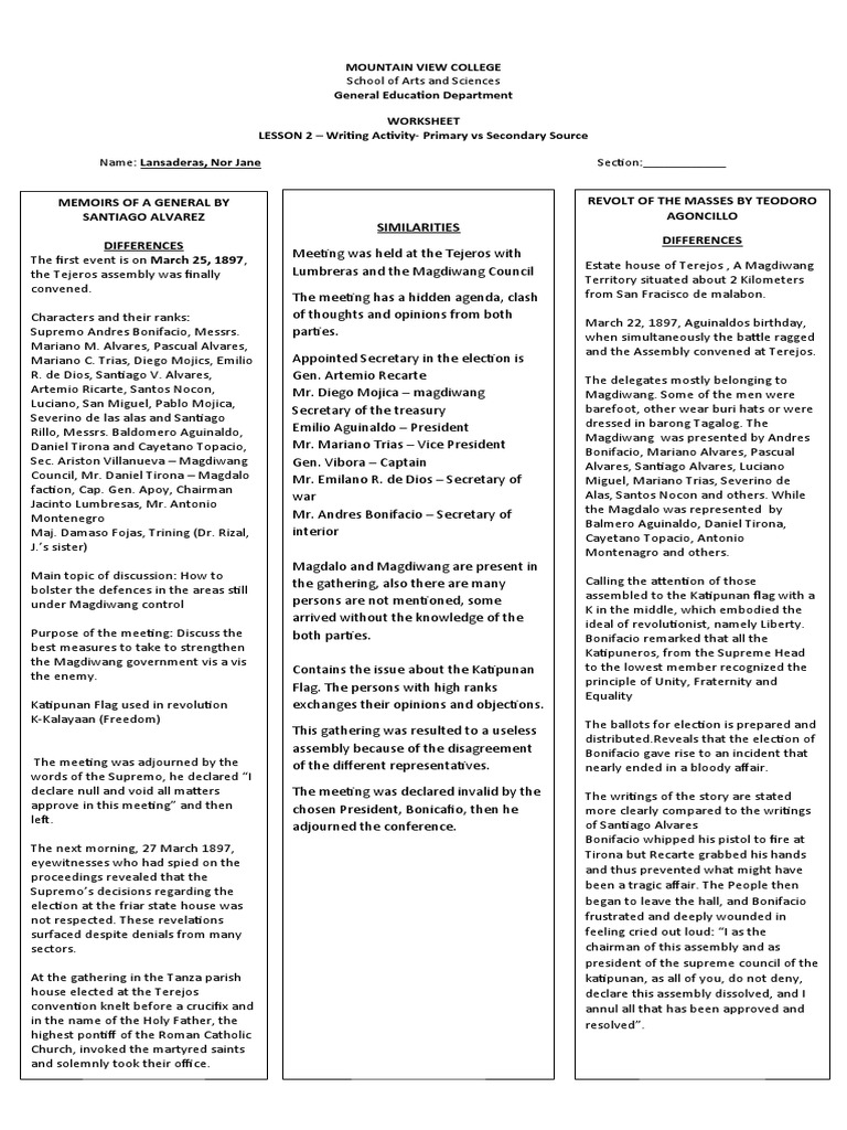 LESSON 2 WRITING ACTIVITY - PRIMARY VS SECONDARY Santiago Vs Agoncillo ... LESSON 2 WRITING ACTIVITY - PRIMARY VS SECONDARY Santiago Vs Agoncillo ...