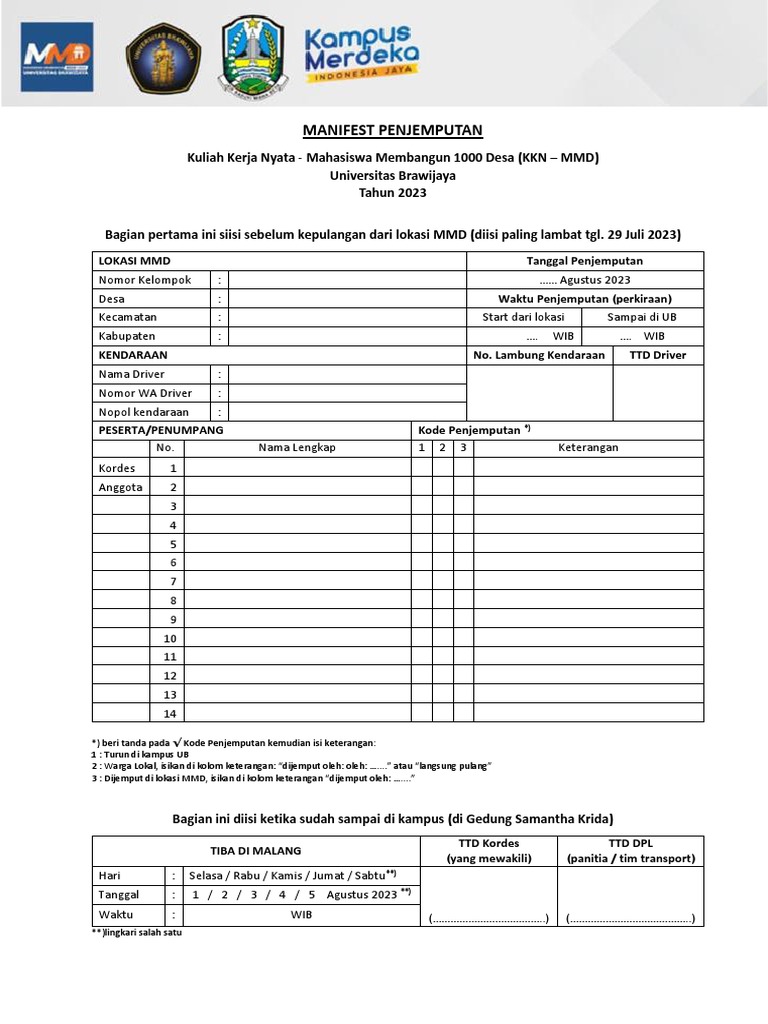 Manifets Penjemputan Mahasiswa - MMD 2023 | PDF