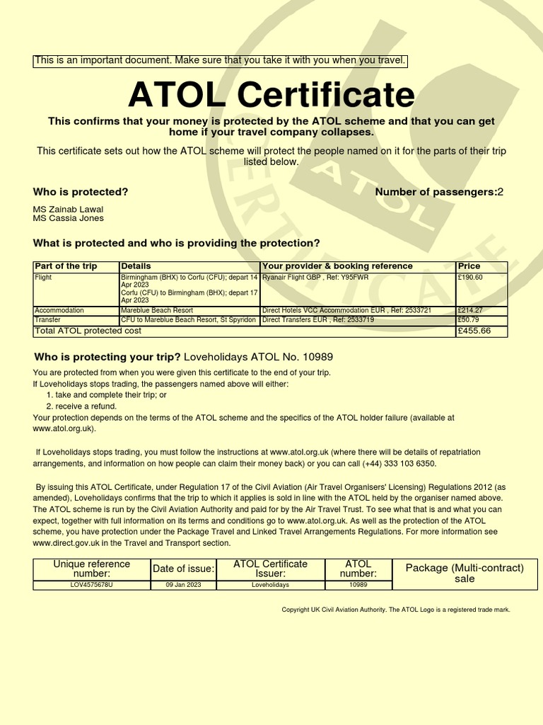 ATOL Certificate | Download Free PDF | Aviation