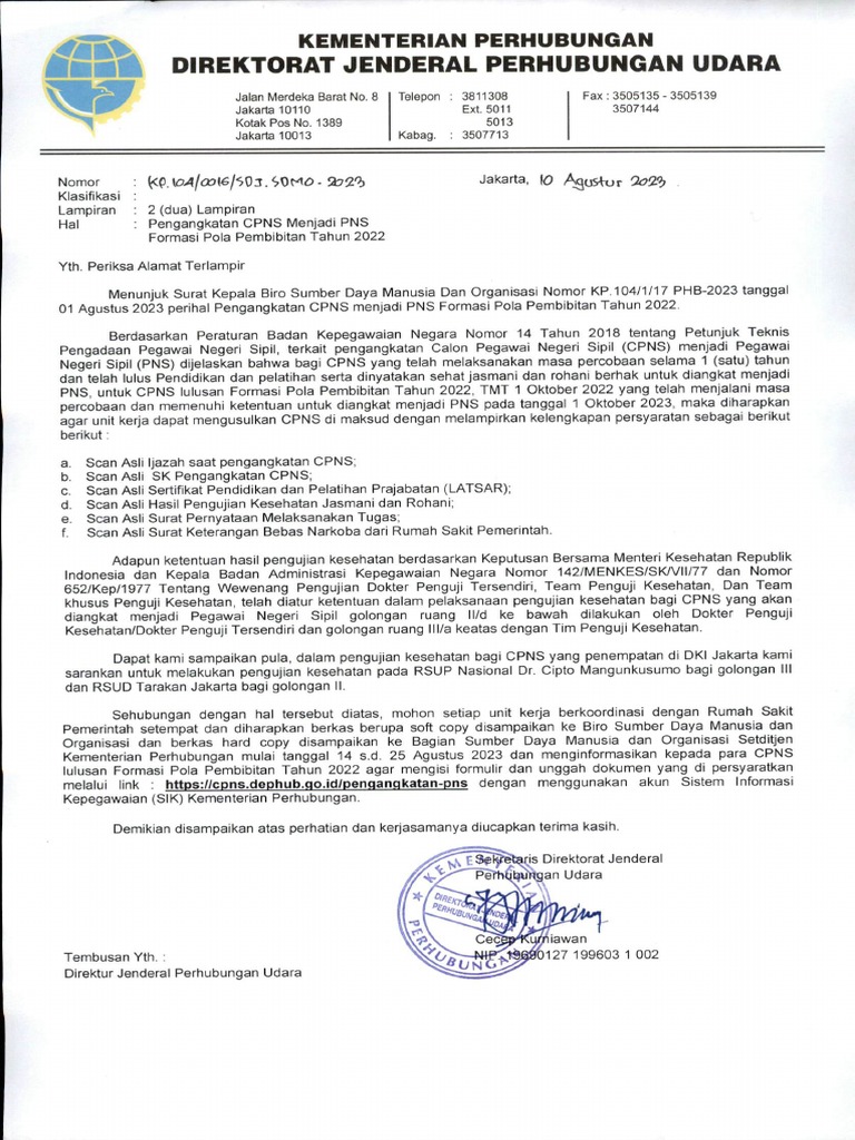 Pengangkatan Cpns Menjadi Pns Formasi Polbit 2022 | PDF