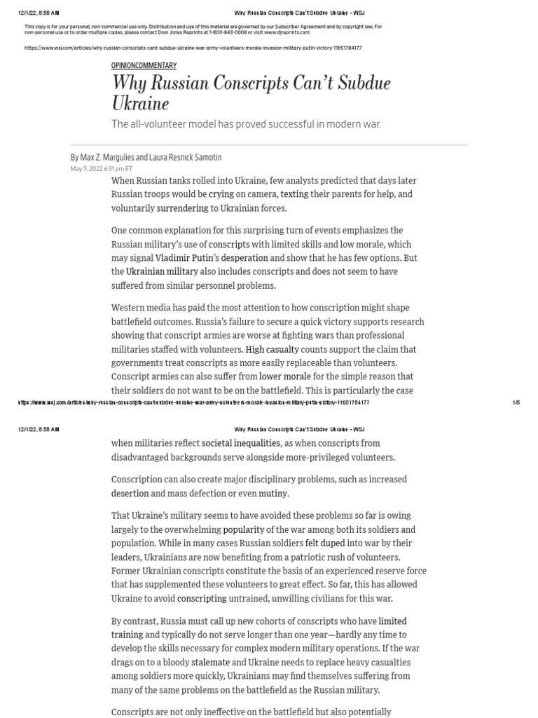 Why Russian Conscripts Can't Subdue Ukraine - WSJ | PDF | Conscription | World Politics