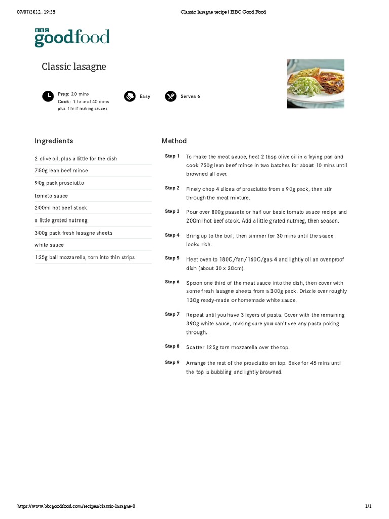 Classic Lasagne Recipe - BBC Good Food | PDF