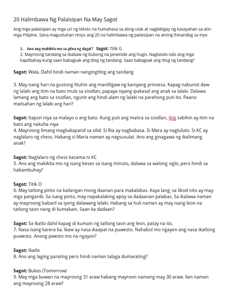 20 Halimbawa Ng Palaisipan Na May Sagot | PDF