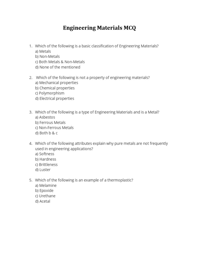Engineering Materials MCQ Quiz 1 | PDF