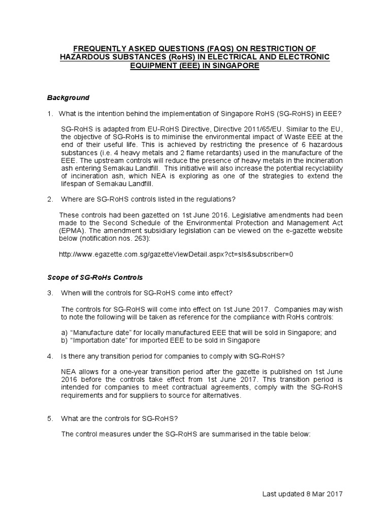 SG-RoHS FAQ for EEE Compliance | PDF