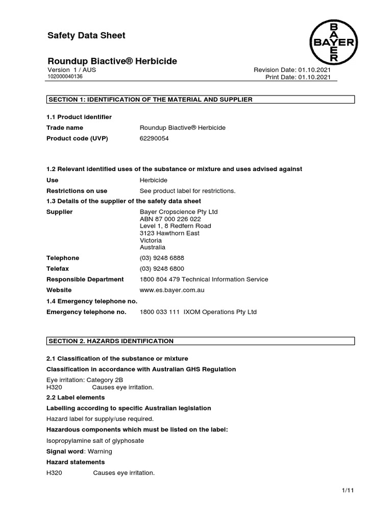 AU-Rentokil-Roundup Biactive Herbicide SDS-En-SDS 01 GHS | PDF ...
