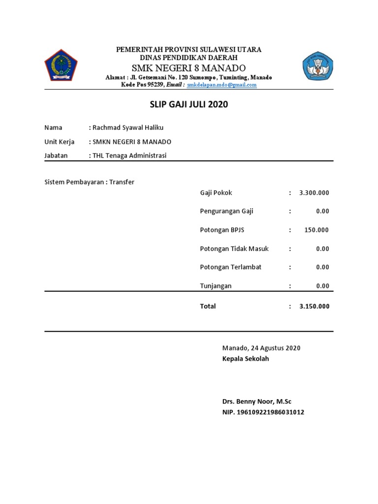 Slip Gaji THL SMK Negeri 8 Manado | PDF