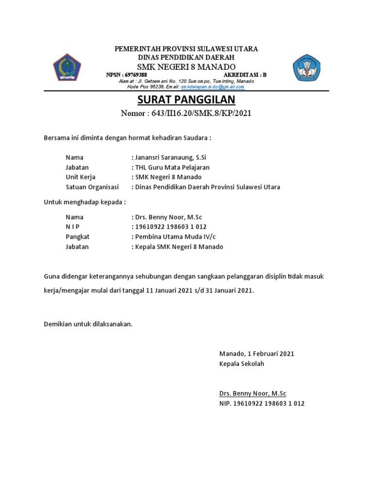 Surat Panggilan Disiplin Guru SMK 8 Manado | PDF