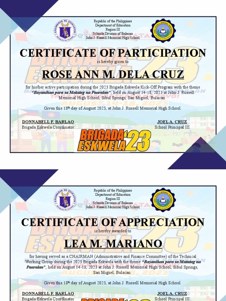 Brigada Eskwela Certificates | PDF