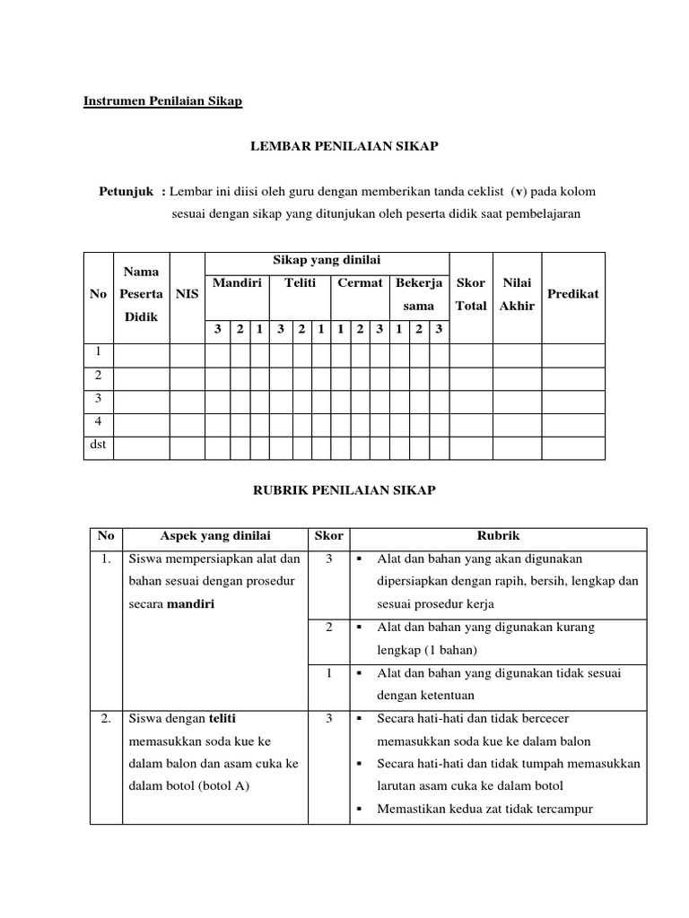 Contoh Instrumen Penilaian Sikap Siswa | PDF