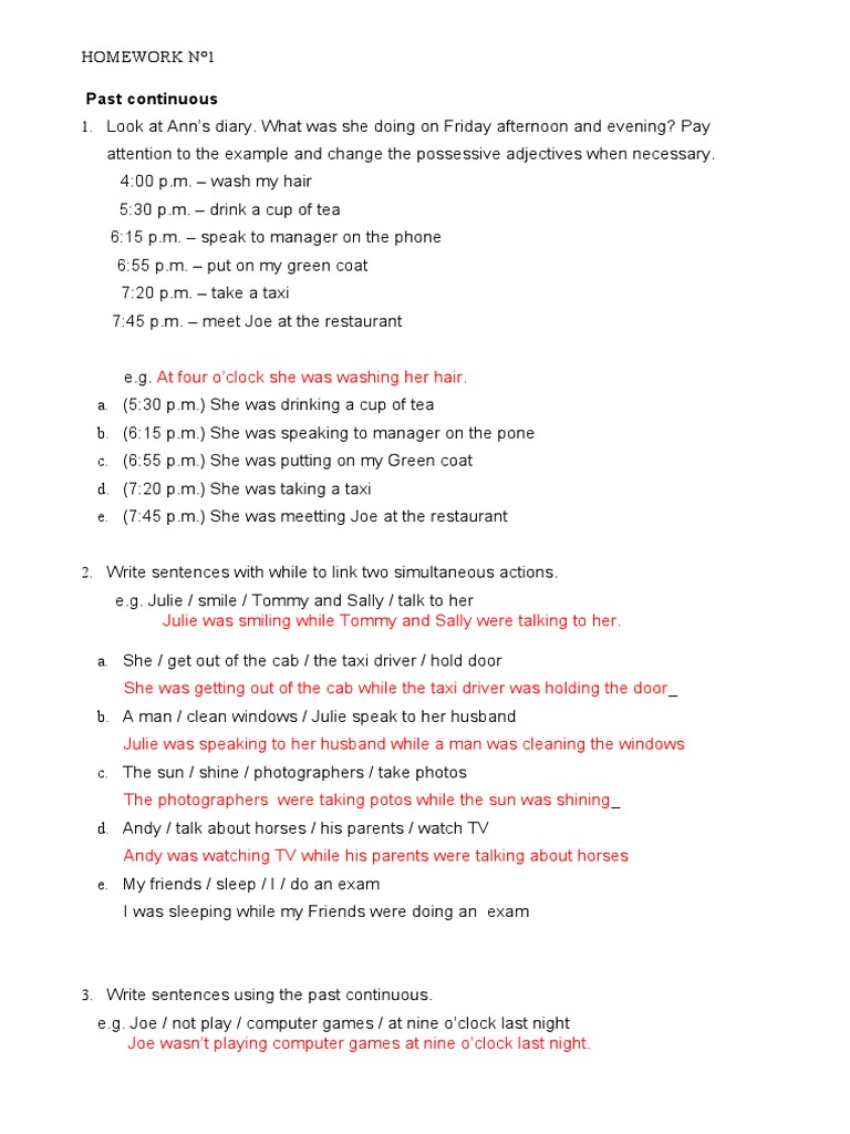 Past Continuous Homework Exercises | PDF