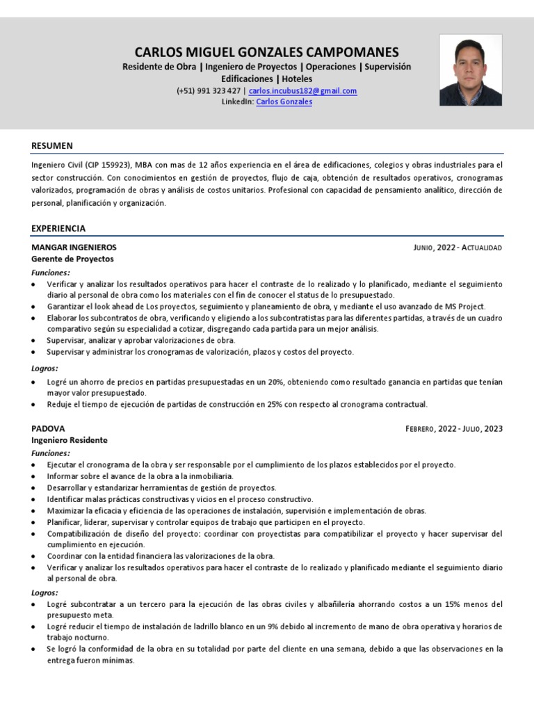 CV - CARLOS MIGUEL GONZALES Documen | PDF | Business | Presupuesto
