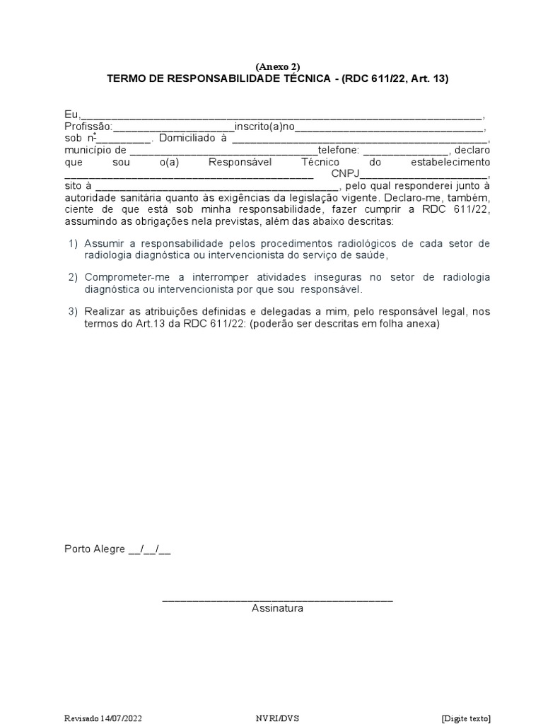 Termo de Responsabilidade Técnica RDC 611 | PDF