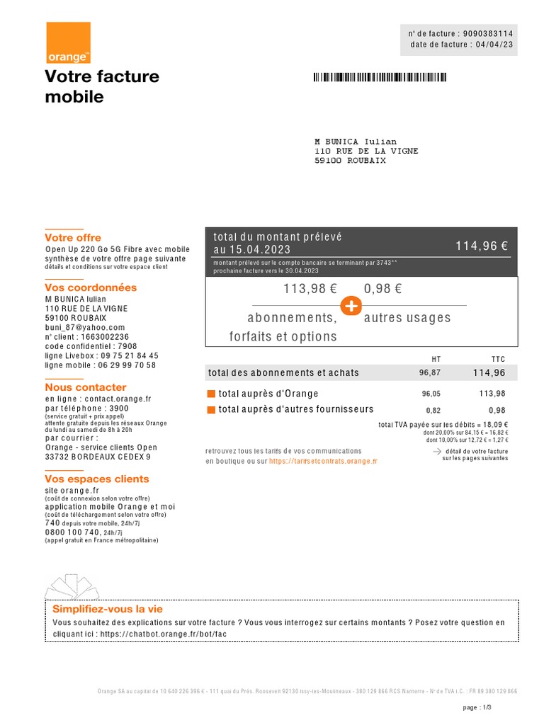 Facture Open Up 220 Go 5G Mobile | PDF | Secteurs du service ...