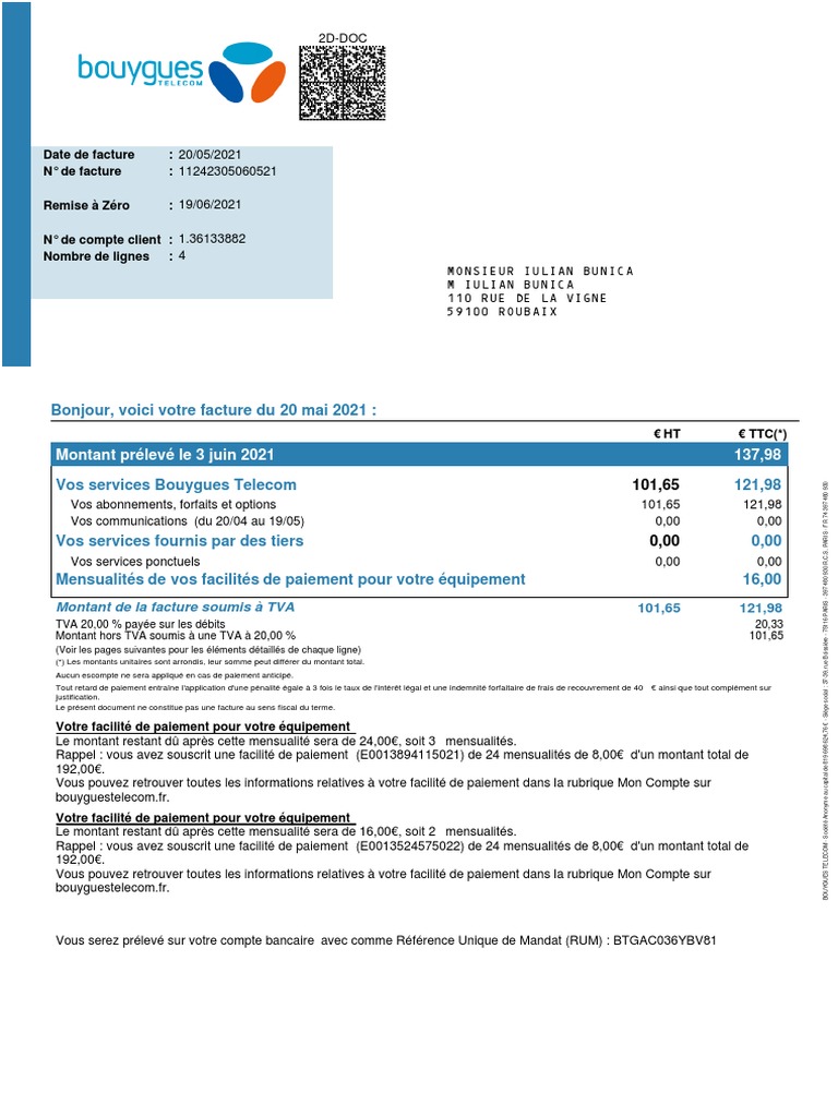 Bouyguestelecom Facture 20210520 | PDF | Facture | Taxe sur la valeur ...