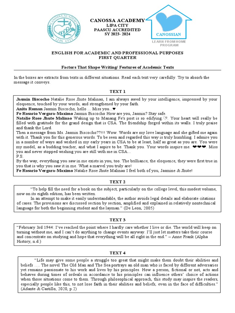 EAPP HANDOUT 1 SAMPLE TEXTSdwasdwads | PDF