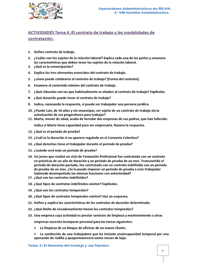 ACTIVIDADES T4-El Contrato de Trabjo y Las Modalidades de Contratación | PDF | Tiempo de trabajo ...