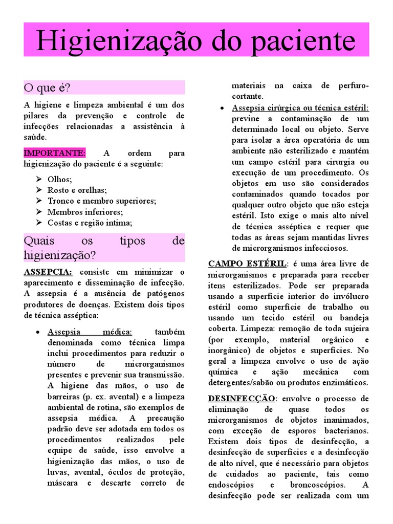 Resumo Higienização Do Paciente | PDF | Desinfetante | Infecção