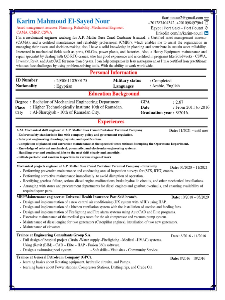 Karim Mahmoud El-Sayed Nour CV Mechanical Engineer | PDF